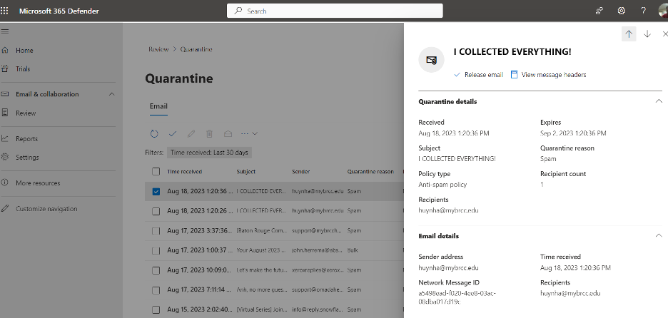 Quarantined Email | BRCC